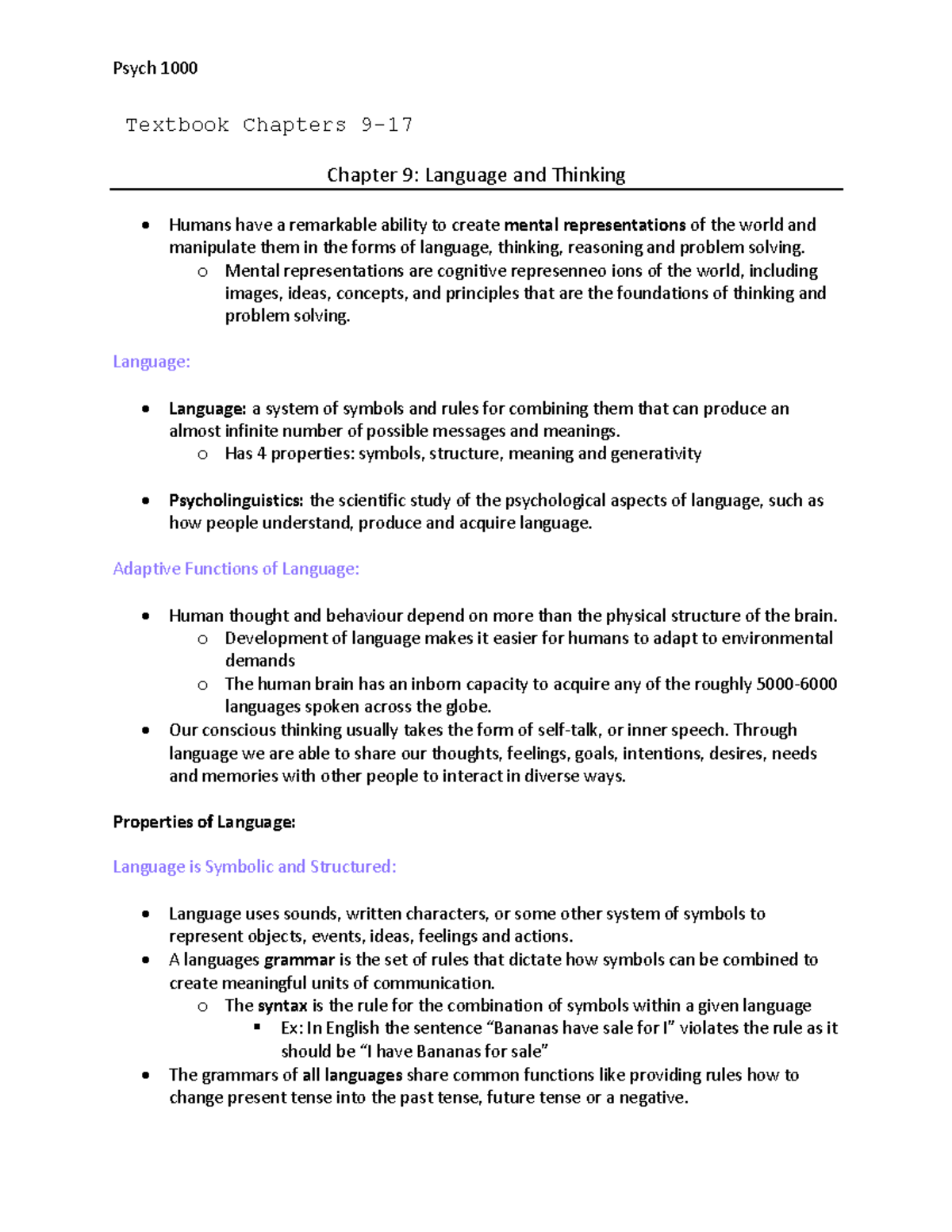Psych 1000 - Intro - Textbook Chapters 9 - 17 Chapter 9: Language and Thinking Humans have a ...