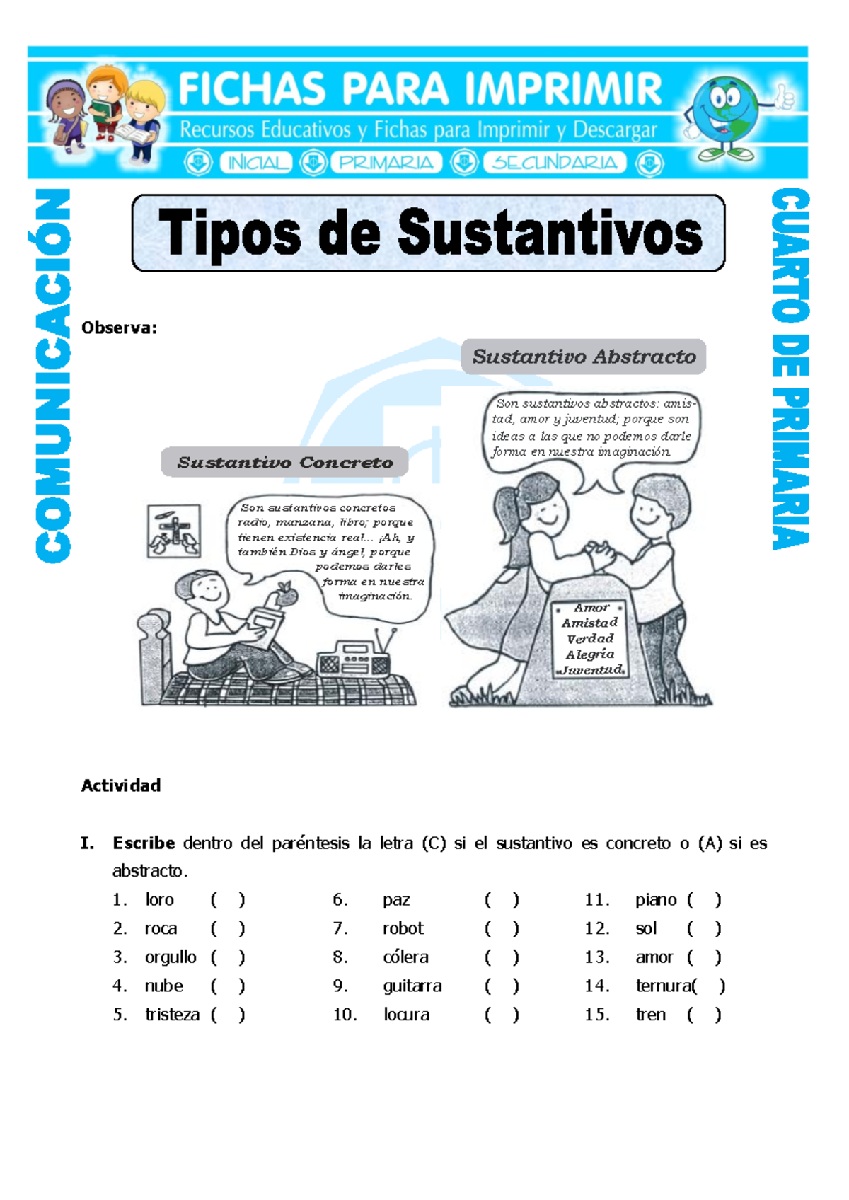 Ficha Sustantivos Concretos y Abstractos para Cuarto de Primaria ...