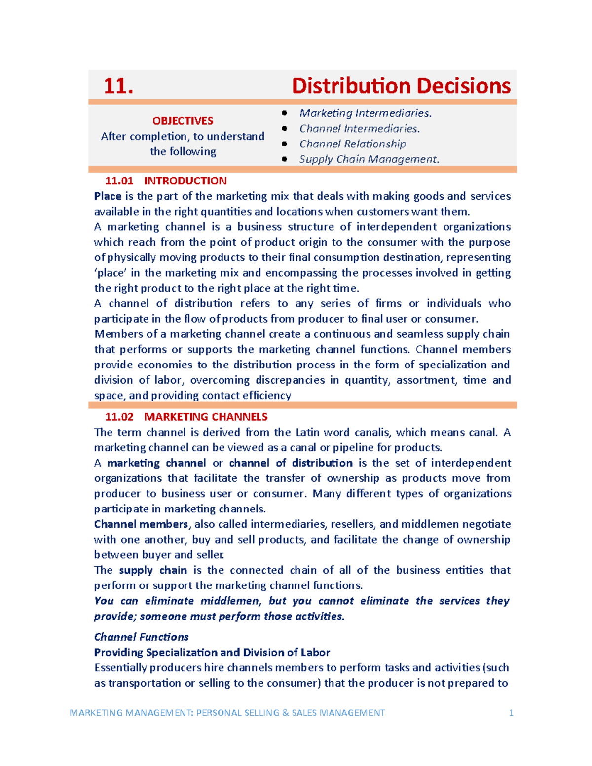 Marketing 11 - Topic 11 - 11. Distribution Decisions OBJECTIVES After ...