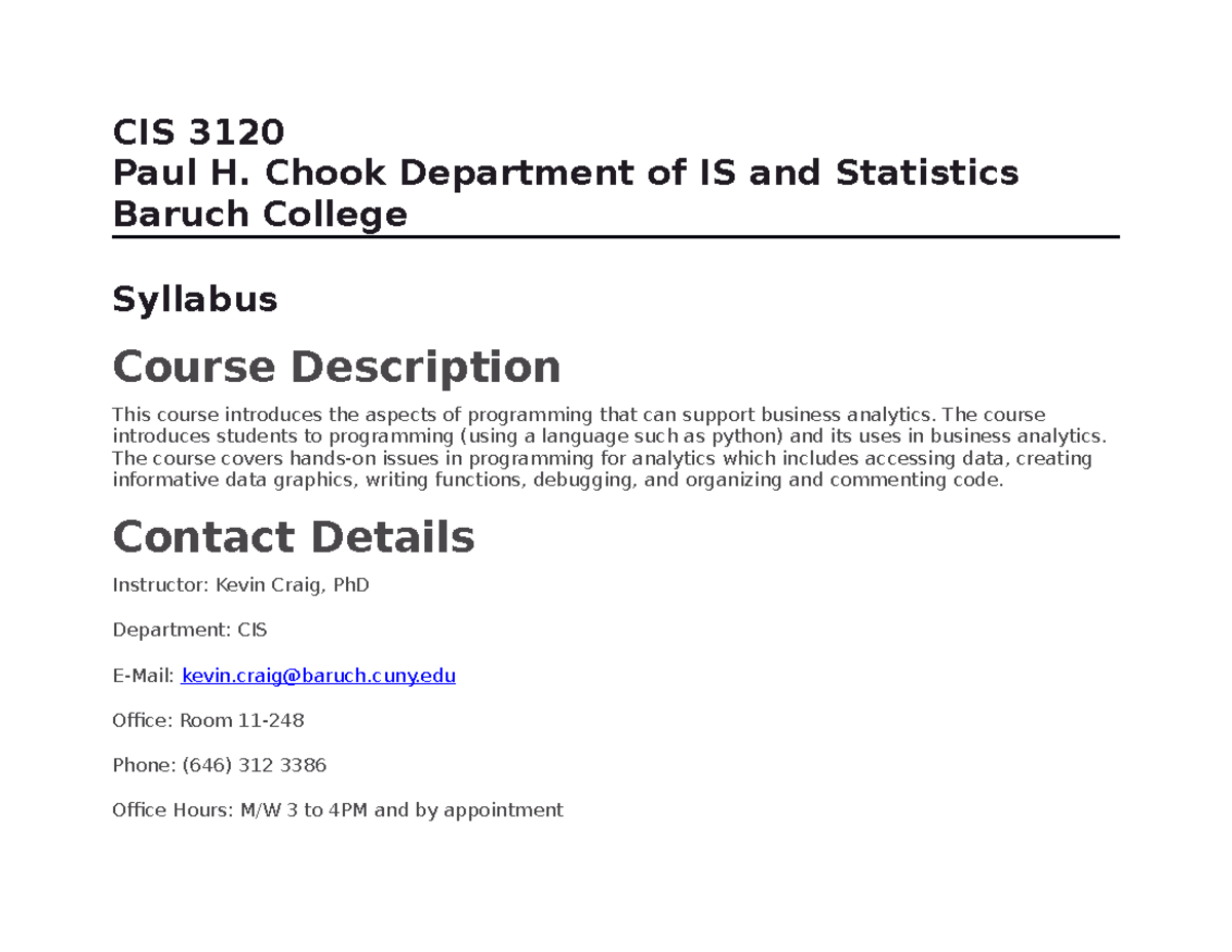 CIS 3120 Spring 2020Craig - CIS 3120 Paul H. Chook Department of IS and Statistics Baruch ...