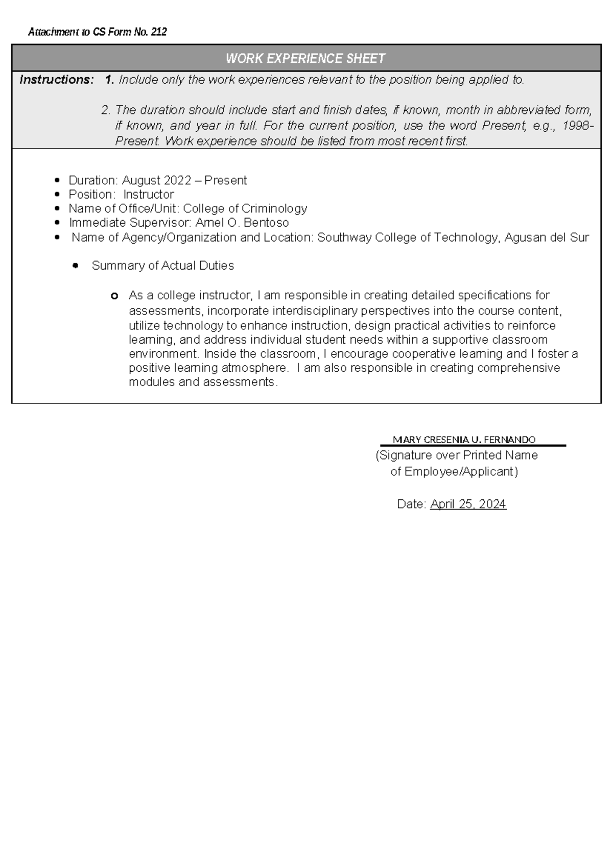 CS Form No. 212 Attachment - Work Experience Sheet - MARY CRESENIA U ...