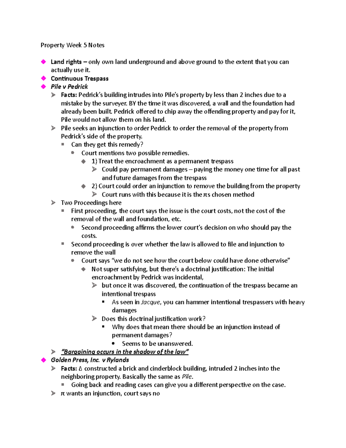 Property Week 5 Notes - Property Week 5 Notes Land rights – only own ...