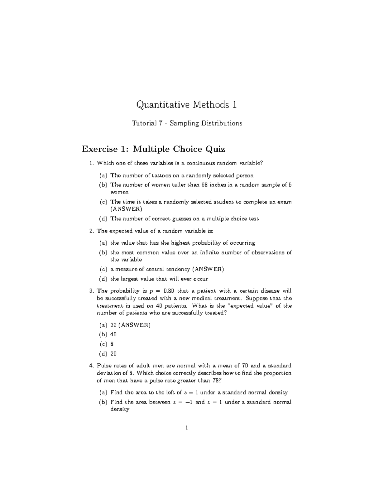 Tutorial Work 7 8 Tutorial Work With Solutions Quantitative Methods 1 Tutorial 7