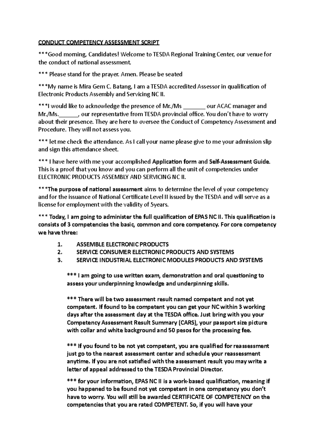 Conduct Competency Assessment Script - CONDUCT COMPETENCY ASSESSMENT SCRIPT ***Good morning ...