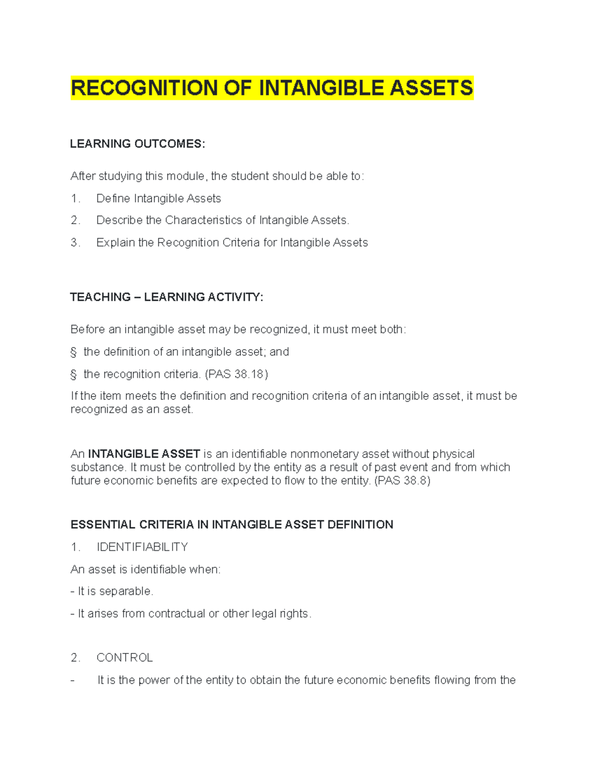 intangiblke assets 123 - RECOGNITION OF INTANGIBLE ASSETS LEARNING ...