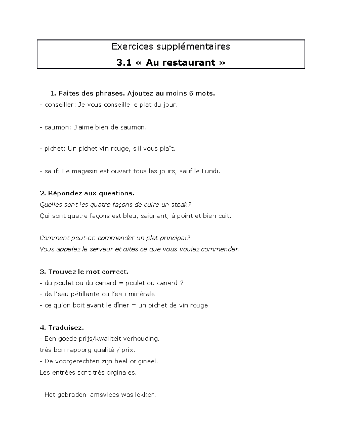 Exercices supplémentaires 3.1 Au restaurant van Annelore - Exercices ...