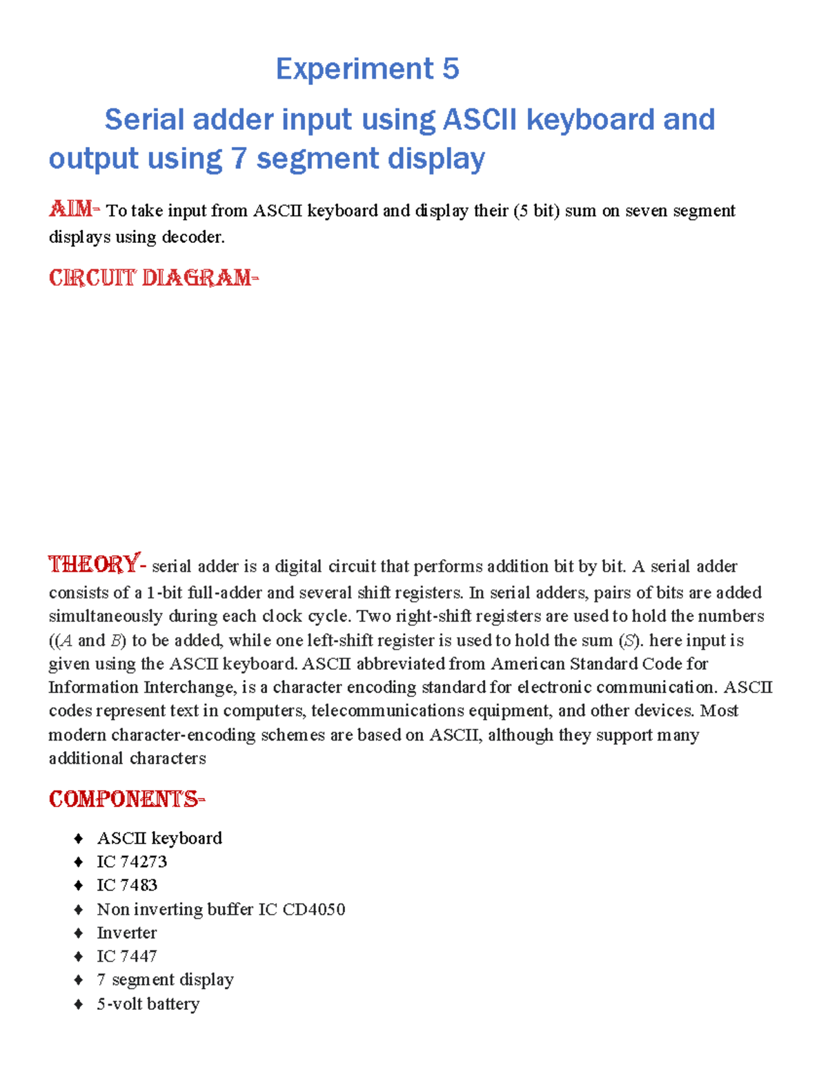 EXP5 digital electronics - Experiment 5 Serial adder input using ASCII keyboard and output using ...