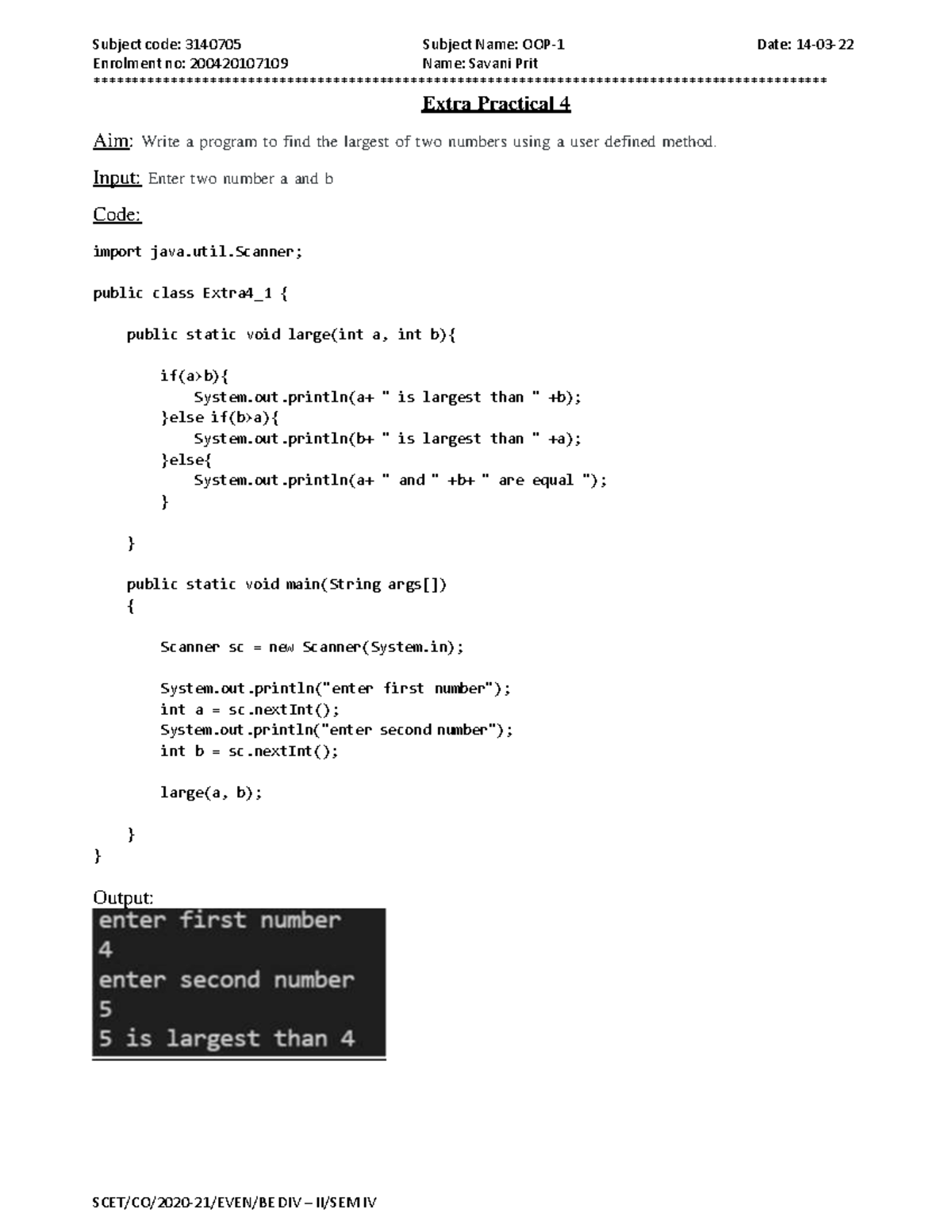 object oriented extrapractical 4 - Enrolment no: 200420107109 Name ...