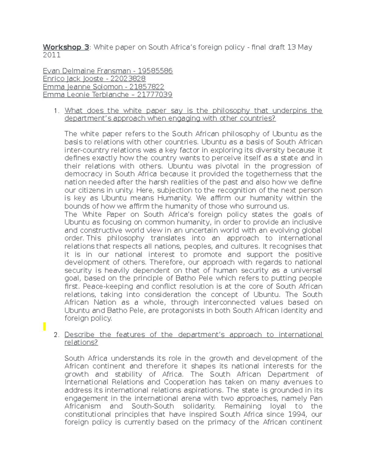 Workshop 3 final - Workshop 3: White paper on South Africa’s foreign ...