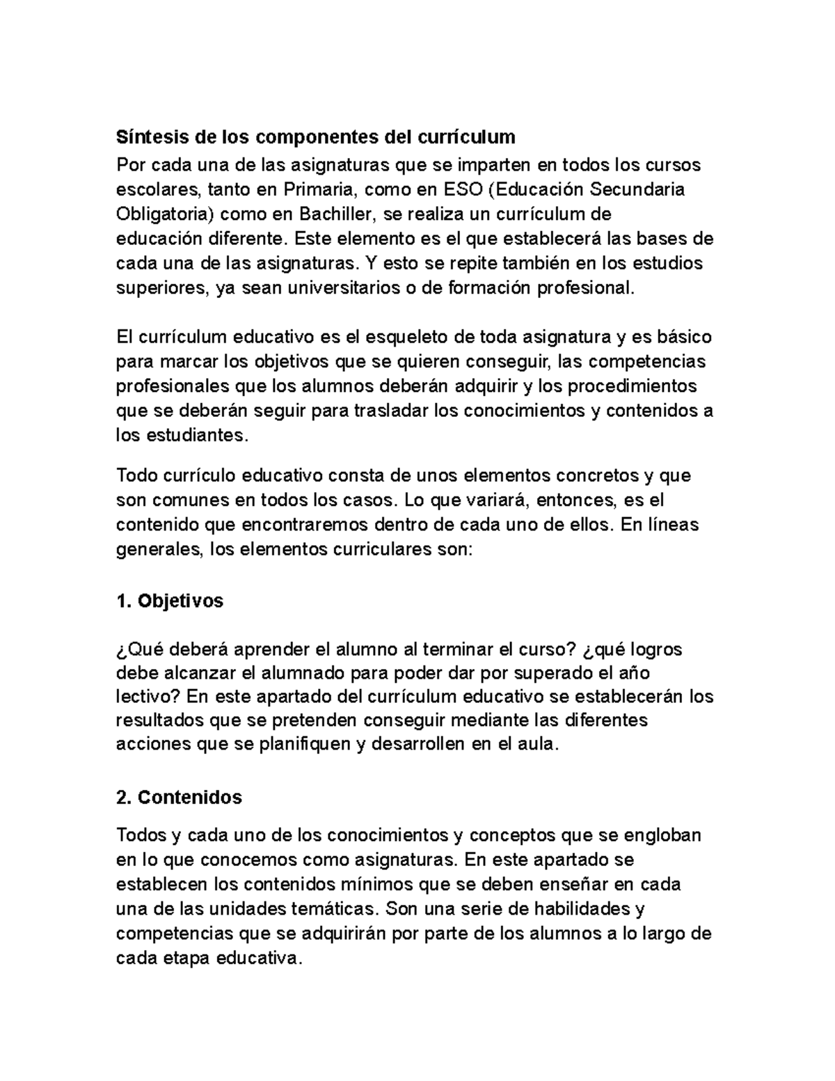 Componentes del curriculum - Síntesis de los componentes del currículum ...