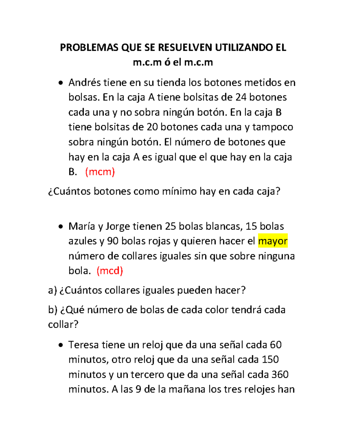 Taller de problemas con mcm y mcd - PROBLEMAS QUE SE RESUELVEN ...