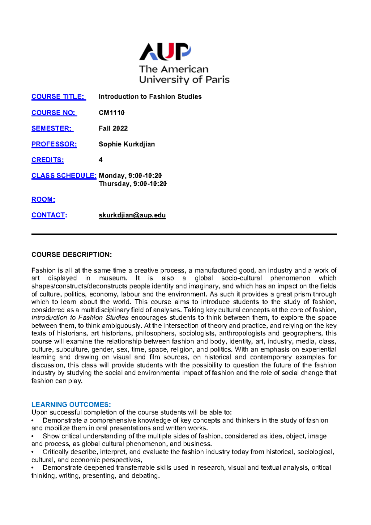 IFS Syllabus - fashion - COURSE TITLE: Introduction to Fashion Studies ...