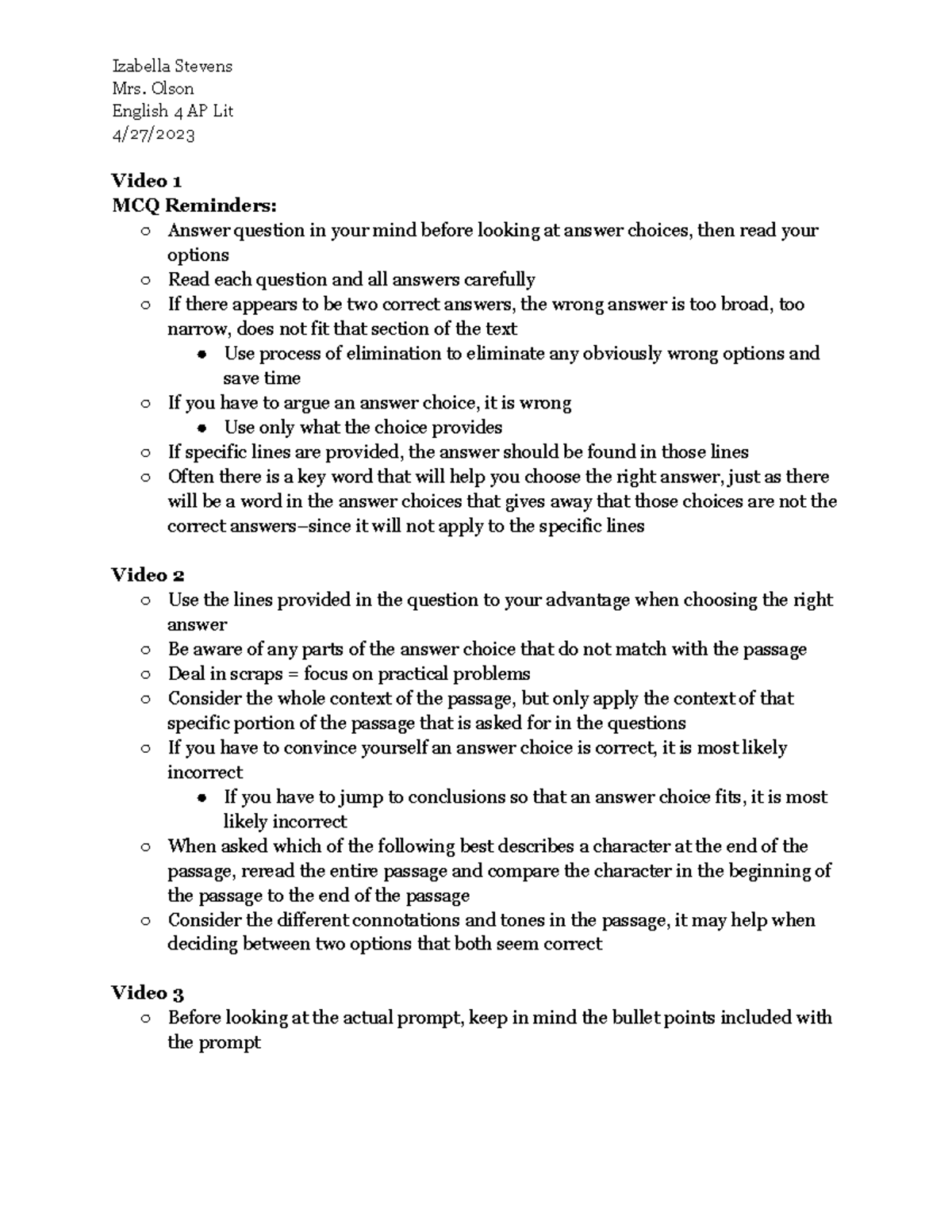 AP Lit Optional EC 4 28 - Eight AP classroom video notes. - Mrs. Olson ...