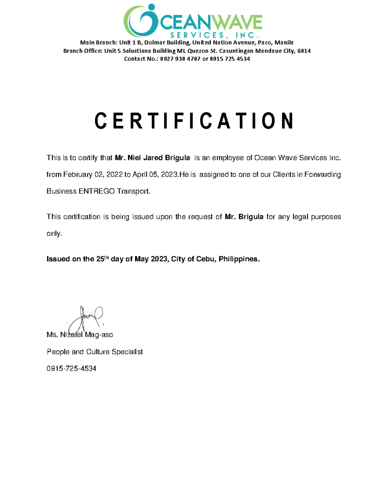 COE-FOR-Brigula - personal data sheet - Main Branch: Unit 1 B, Dolmar ...