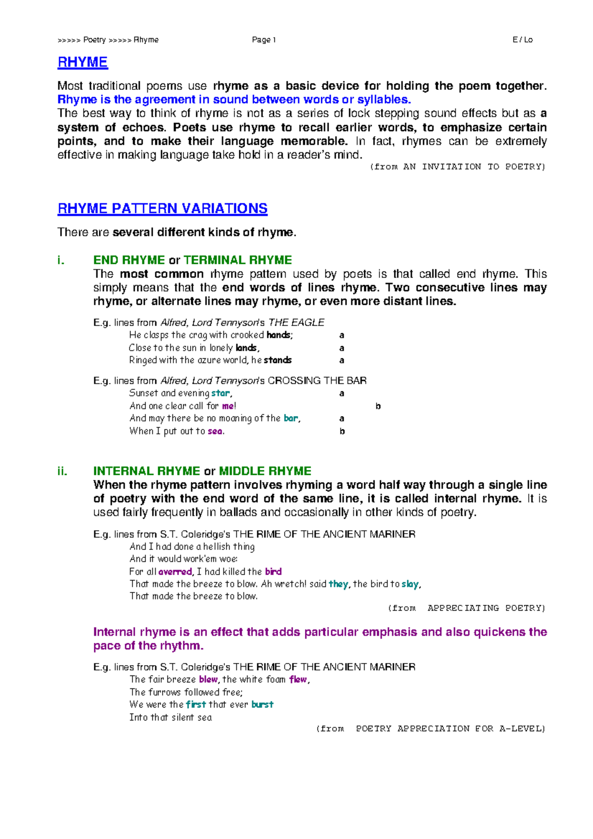 9 Rhyme - Elements of Poetry - RHYME Most traditional poems use rhyme ...