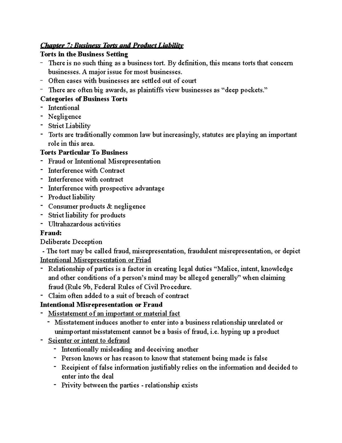 FINA2244 Chpt 7 Notes - Chapter 7: Business Torts and Product Liability ...