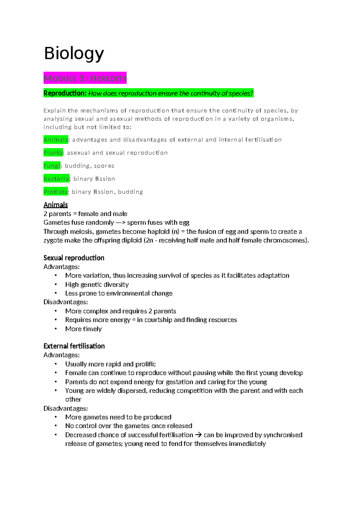 Bio Mod 5 Heredity notes - Biology MODULE 5: HEREDITY Reproduction: How ...
