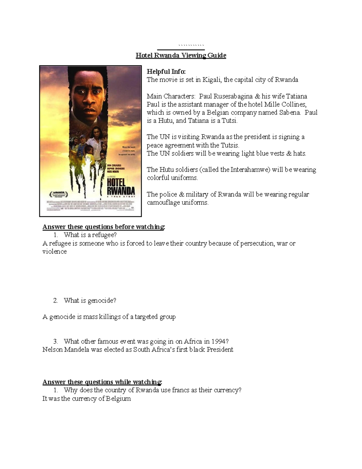 Hotel Rwanda viewing guide revised - ``````````` Hotel Rwanda Viewing ...