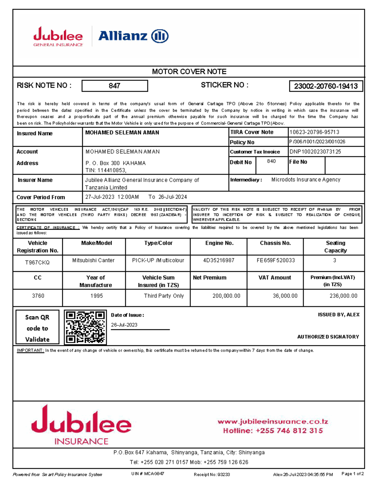 Report 02 MIAG 1260723 043556 - MOTOR COVER NOTE RISK NOTE NO : 847 ...