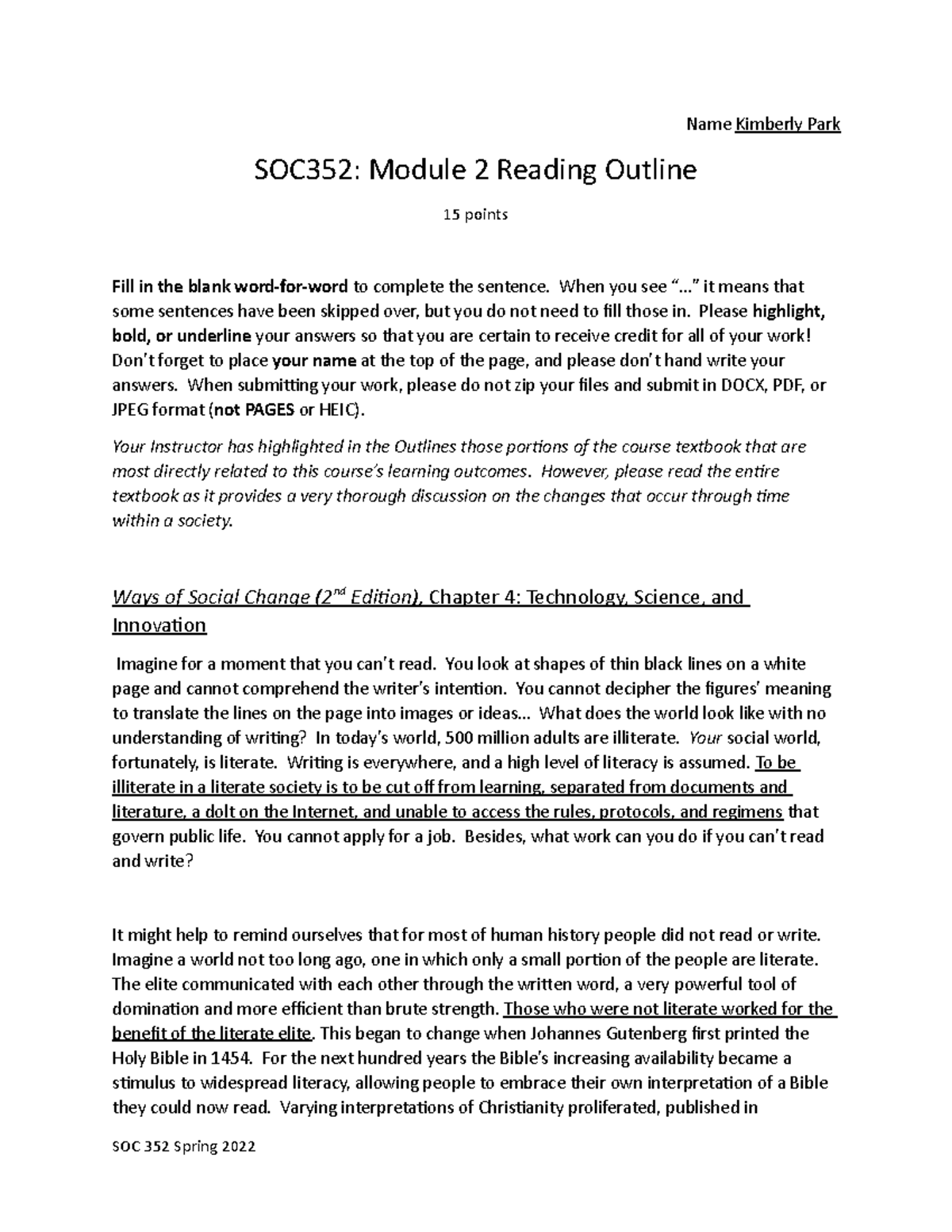 SOC352 Module 2 Reading Outline - Name Kimberly Park SOC352: Module 2 ...