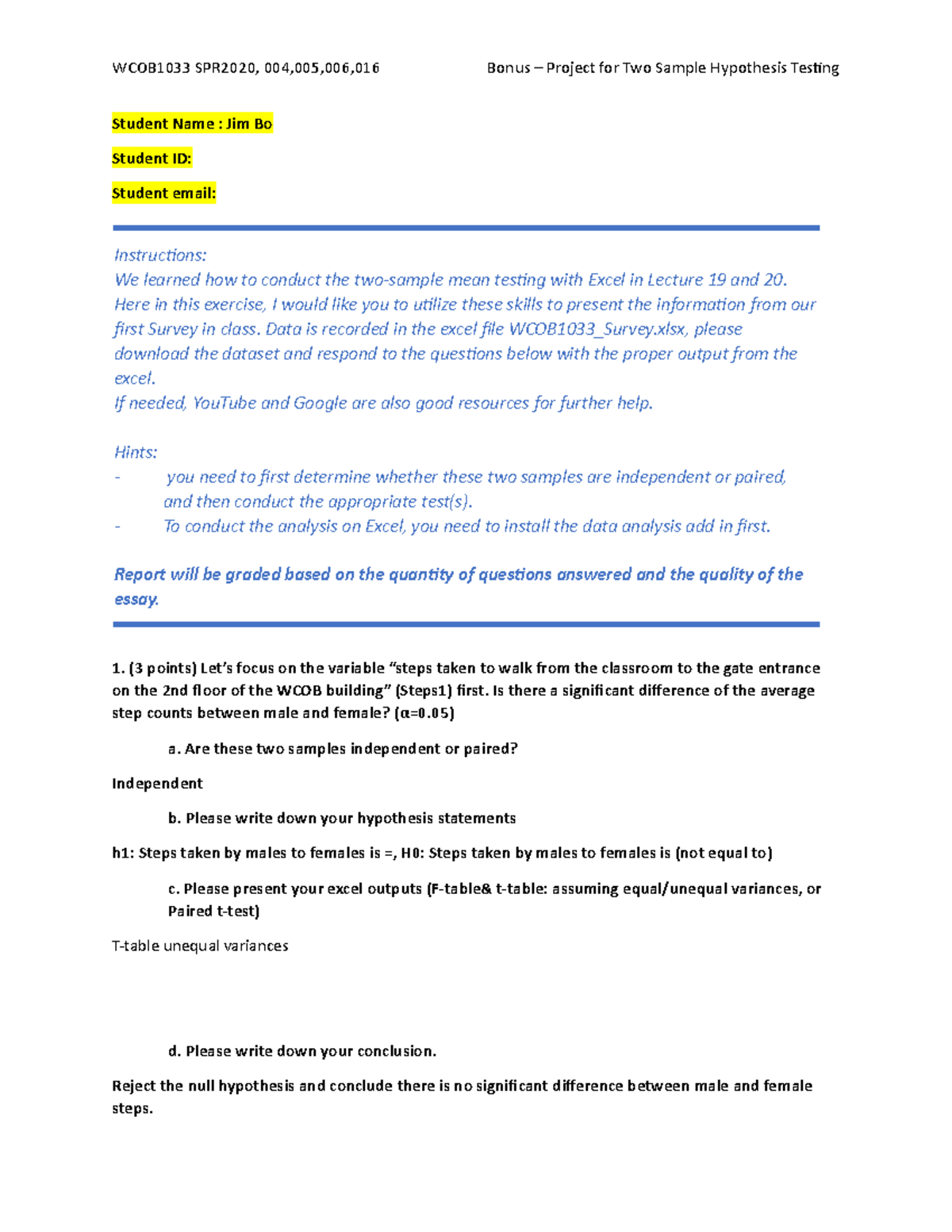 Project - Two Sample Hypothesis Testing - WCOB1033 SPR2020, 004,005,006 ...