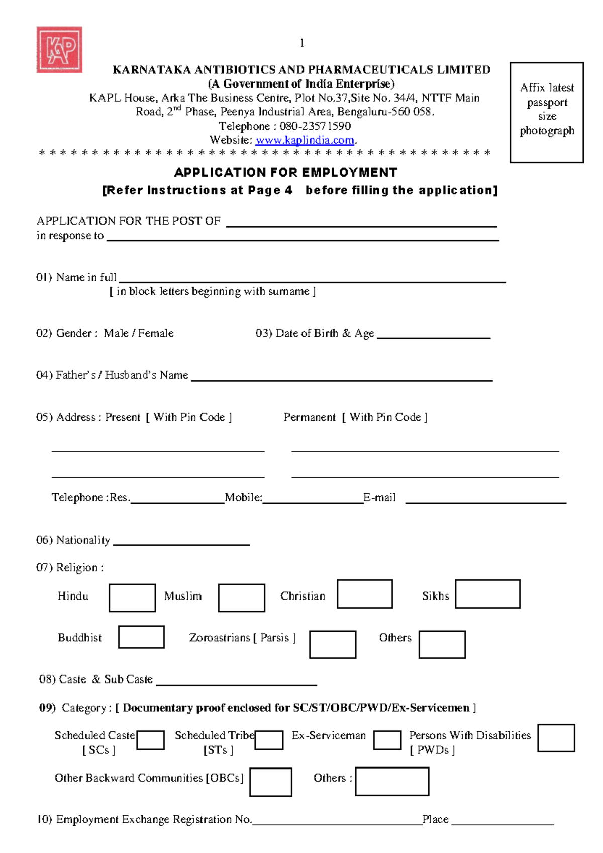 Kapl application form new - KARNATAKA ANTIBIOTICS AND PHARMACEUTICALS ...