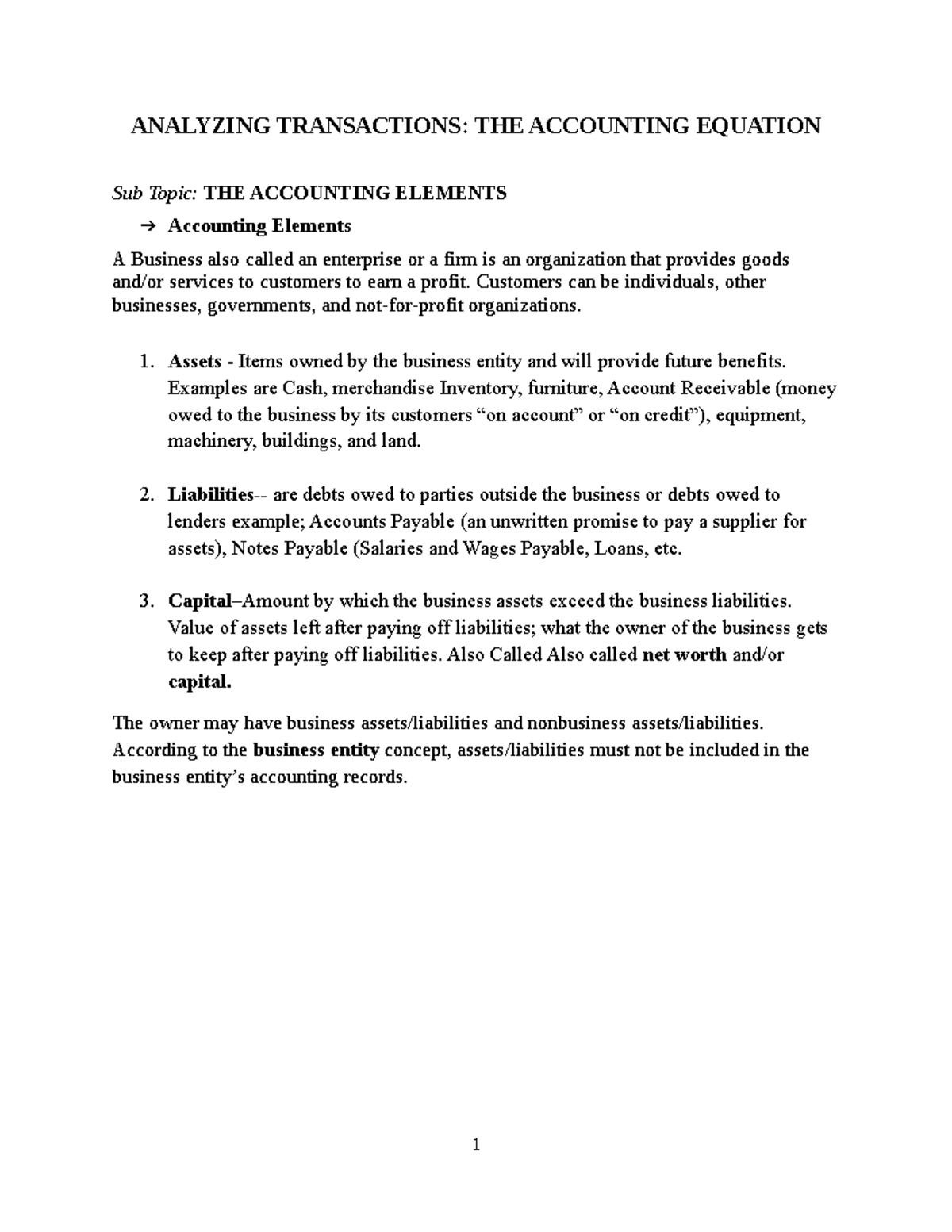 ACC 100 Chapter 2 Lecture Notes - ANALYZING TRANSACTIONS: THE ...