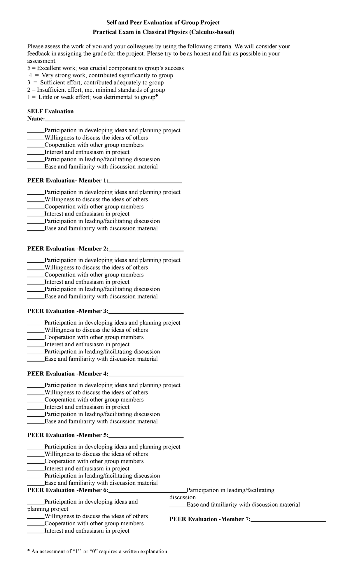 Physics Practical Exam Self and Peer Evaulation - Self and Peer ...