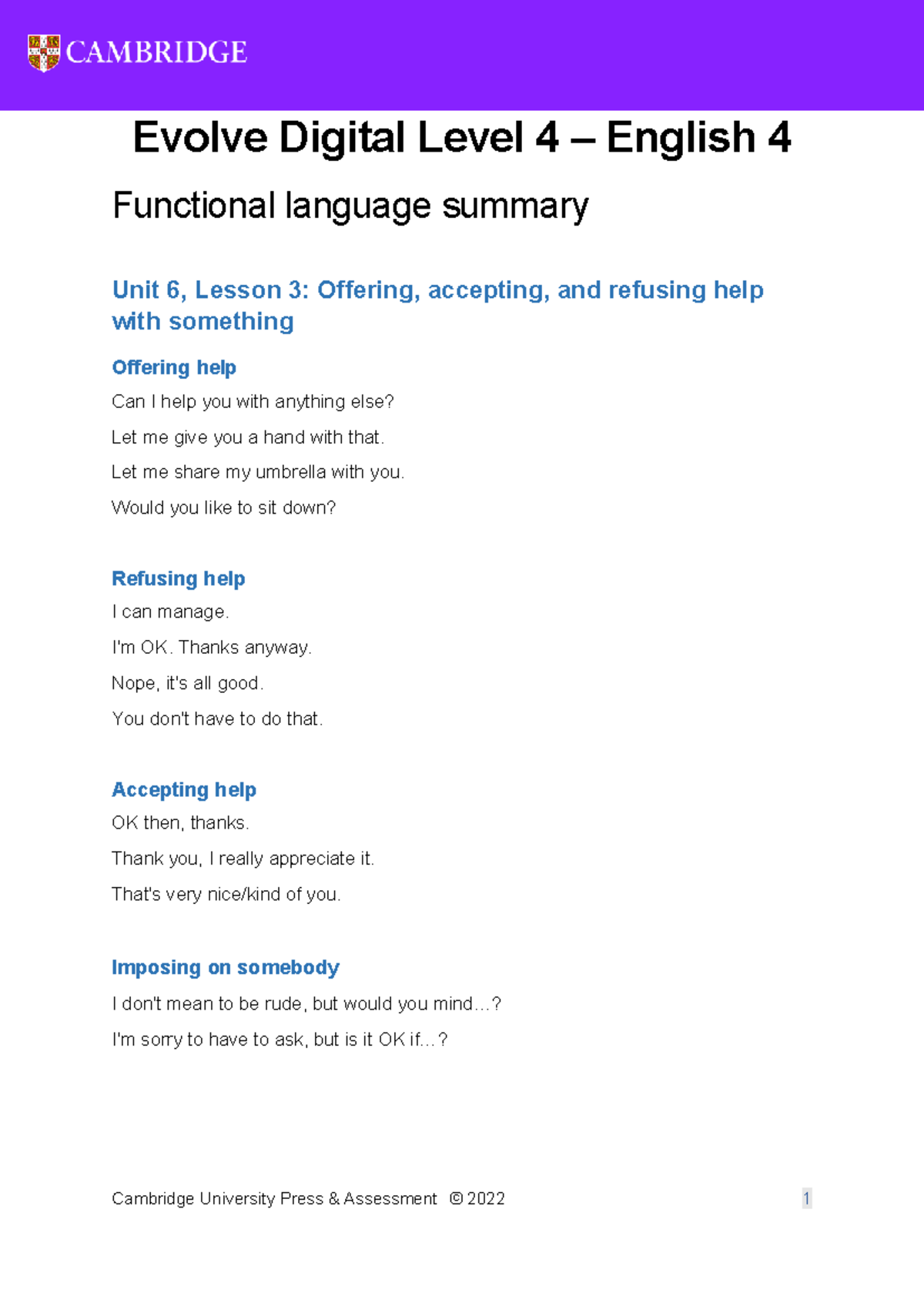 Unit 6 - E3 - Functional language - Cambridge University Press & Assessment © 2022 1 Evolve ...