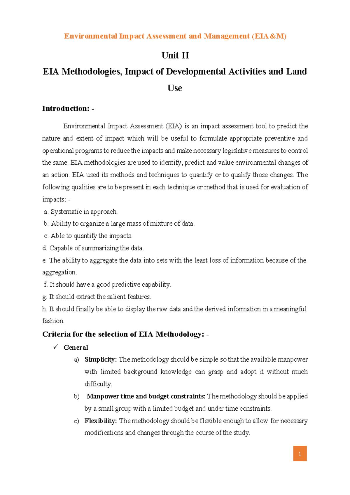 EIA&M (Unit-2) (2) - Unit II EIA Methodologies, Impact of Developmental ...