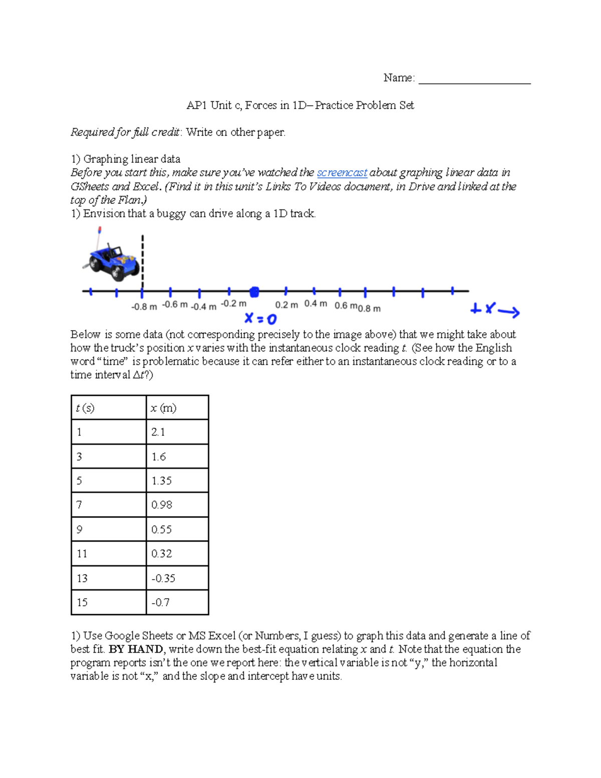Problem set - AP1 unit c, 1D forces - Name: ___________________ AP1 ...