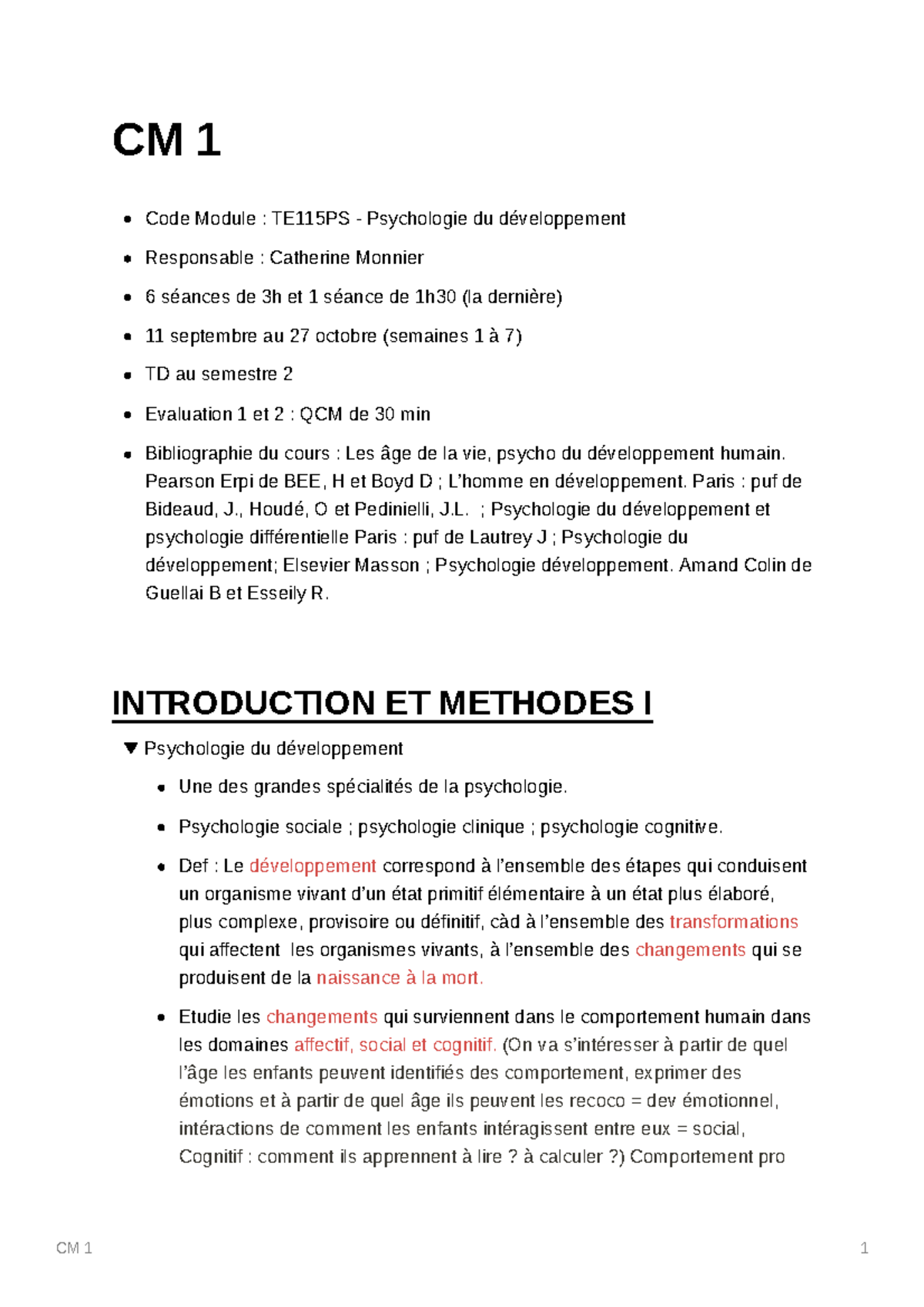 CM1 - psy du developement - CM 1 Code Module : TE115PS - Psychologie du ...