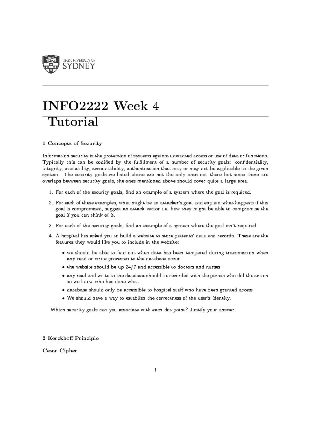Tut-week4 - TUT SHEET - INFO2222 Week 4 Tutorial 1 Concepts of Security Information security is ...