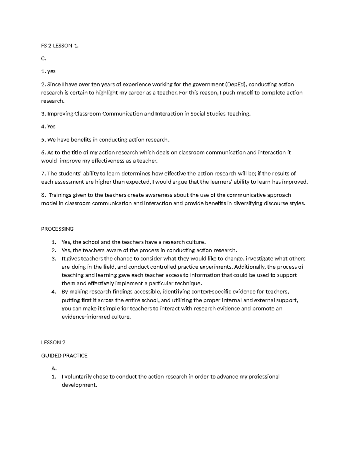 FS 2 Lesson 1 - 4 - my activity - FS 2 LESSON 1. C. yes Since I have ...