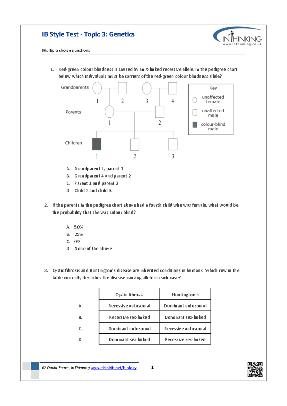 IN Thinking Topic 3 Practice Test - IB Style Test - Topic 3: Genetics ...