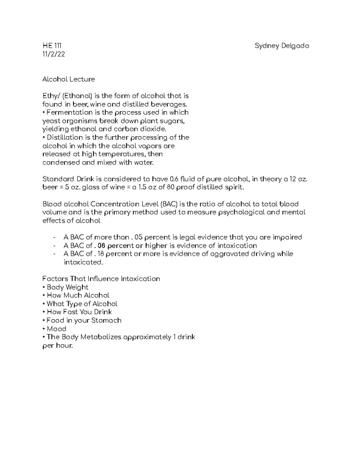 Alcohol Lecture - HE 111 Sydney Delgado 11/2/ Alcohol Lecture Ethy ...