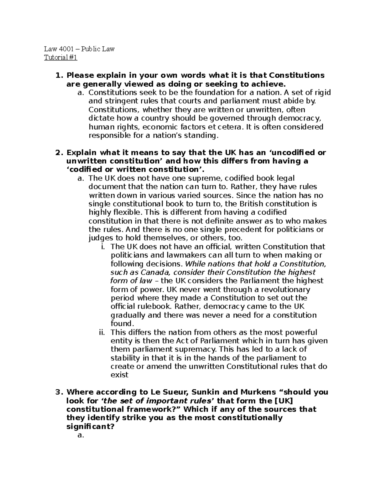 Law 4001 – Public Law (Tut. #1) - Law 4001 – Public Law Tutorial # Please explain in your own ...