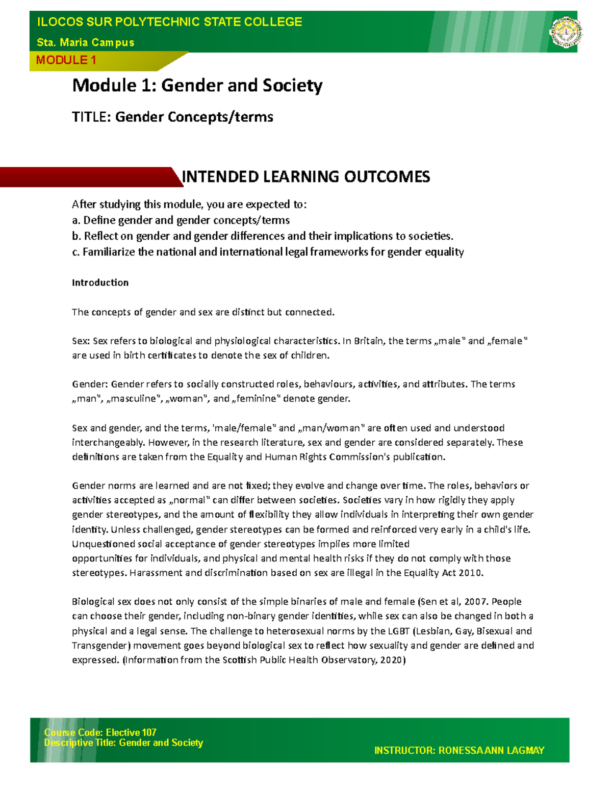 Module 1 in Elective 107 2 - Module 1: Gender and Society TITLE: Gender Concepts/terms INTENDED ...