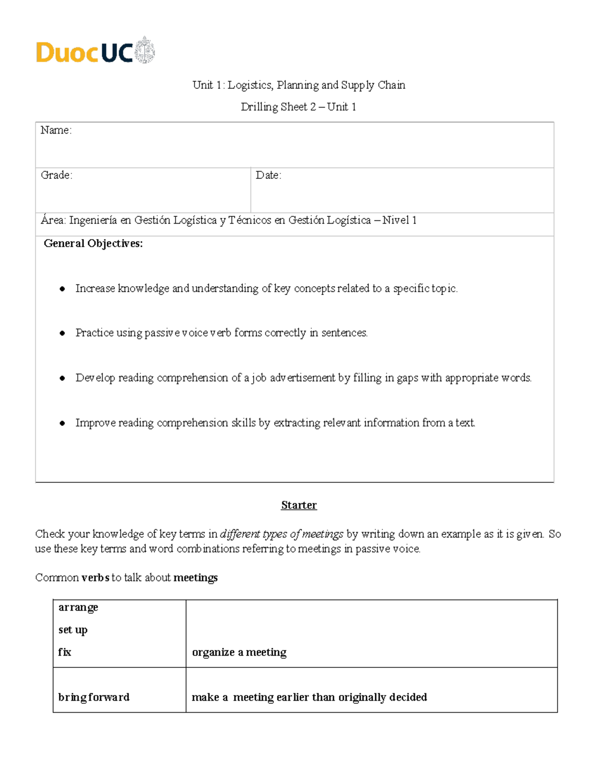 Worksheet 2 Unit 1 Logistics, Planning and Supply Chain ( Optativo de ...