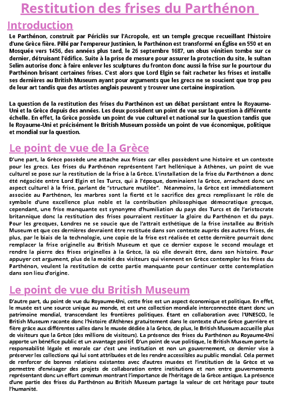 Fiche synthèse frise du Parthénon - Restitution des frises du Parthénon Le Parthénon, construit ...