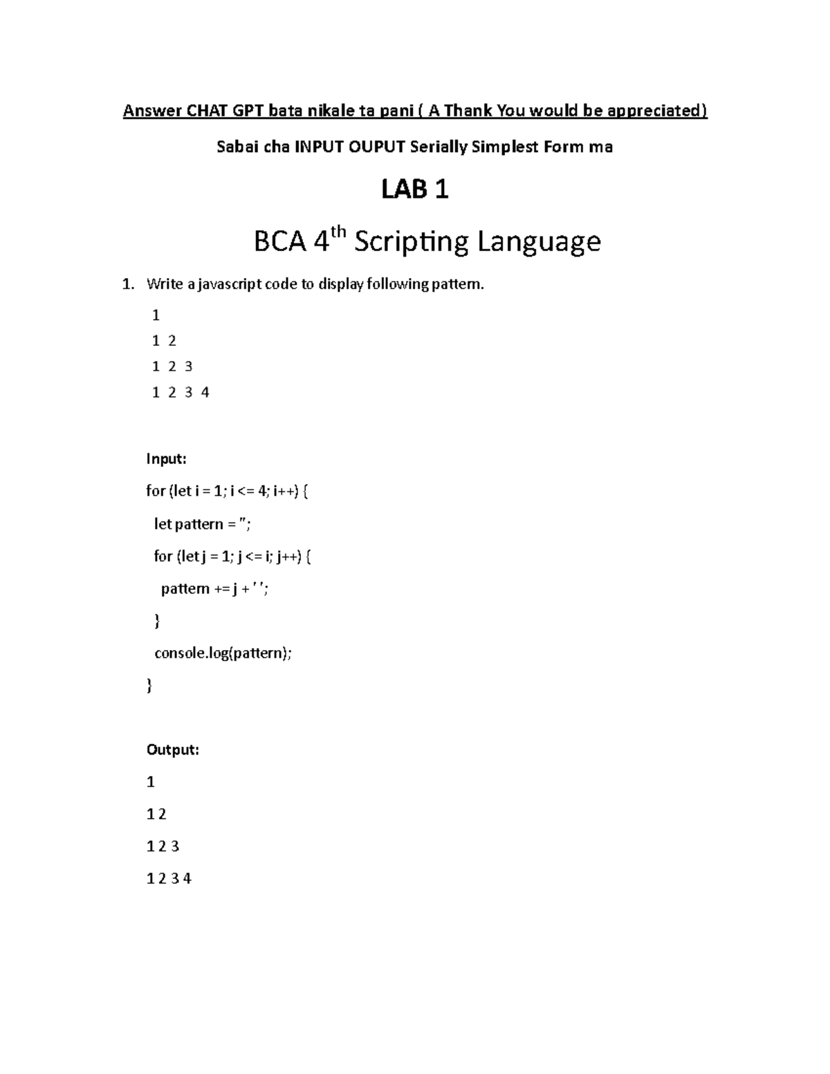 Lab Assignment sl 1 - sdasda - Answer CHAT GPT bata nikale ta pani ( A Thank You would be - Studocu