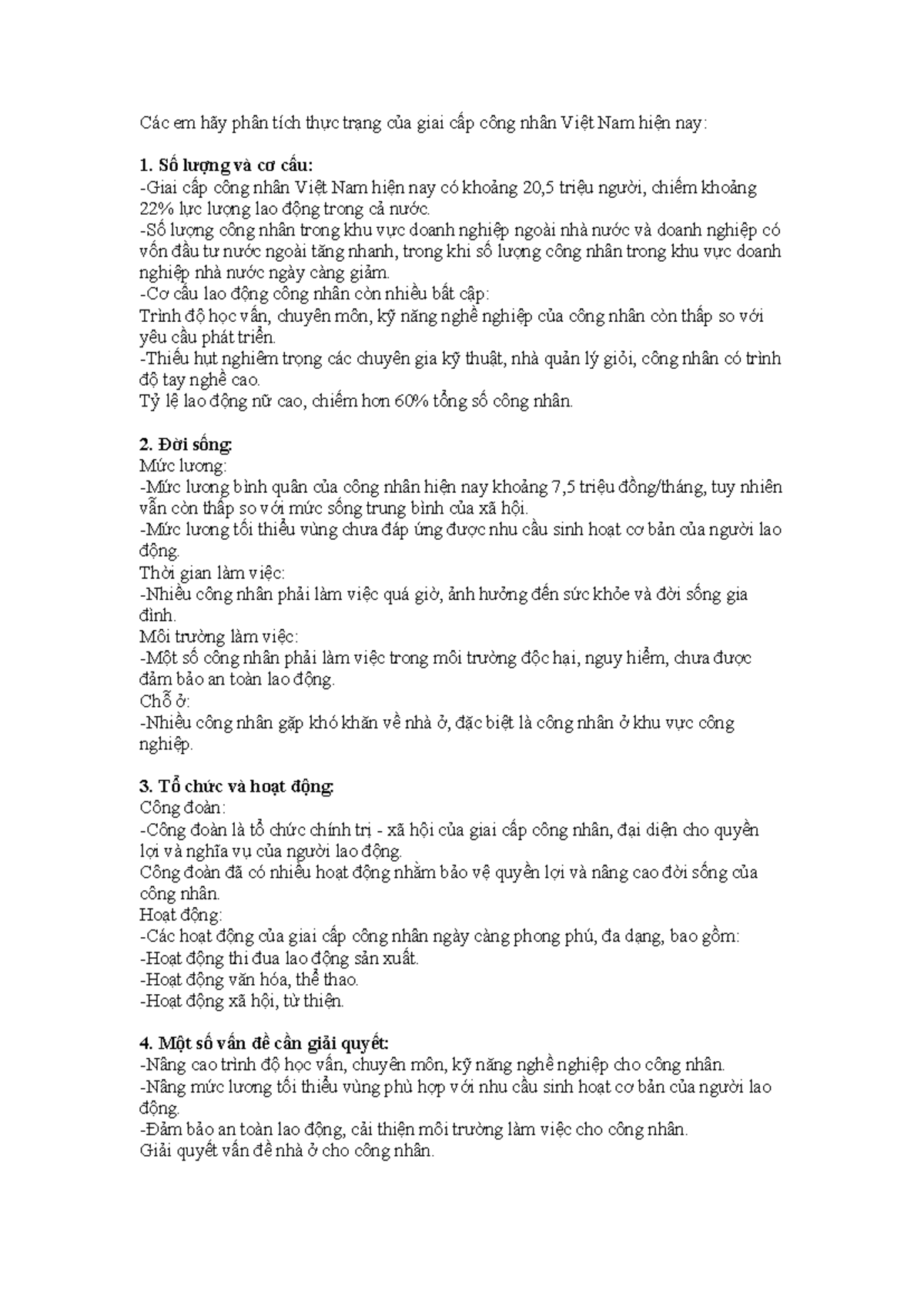 Thực trạng giai cấp công nhân việt nam hiện nay - Các em hãy phân tích ...
