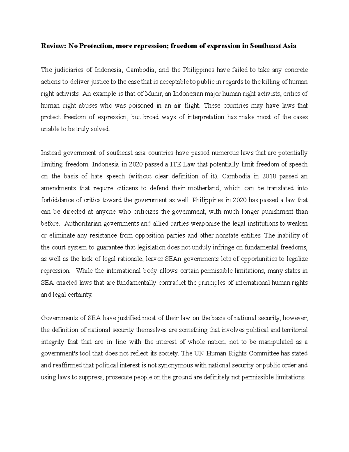 Review on Freedom and Legal limitation in Southeast Asia - Review: No ...
