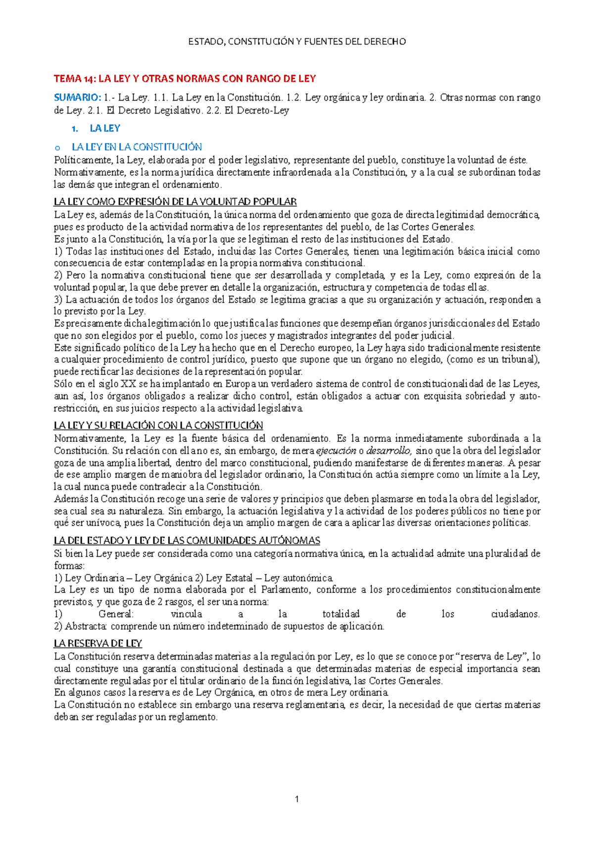 TEMA 14 - derecho constitucional - TEMA 14: LA LEY Y OTRAS NORMAS CON RANGO DE LEY SUMARIO: 1 ...