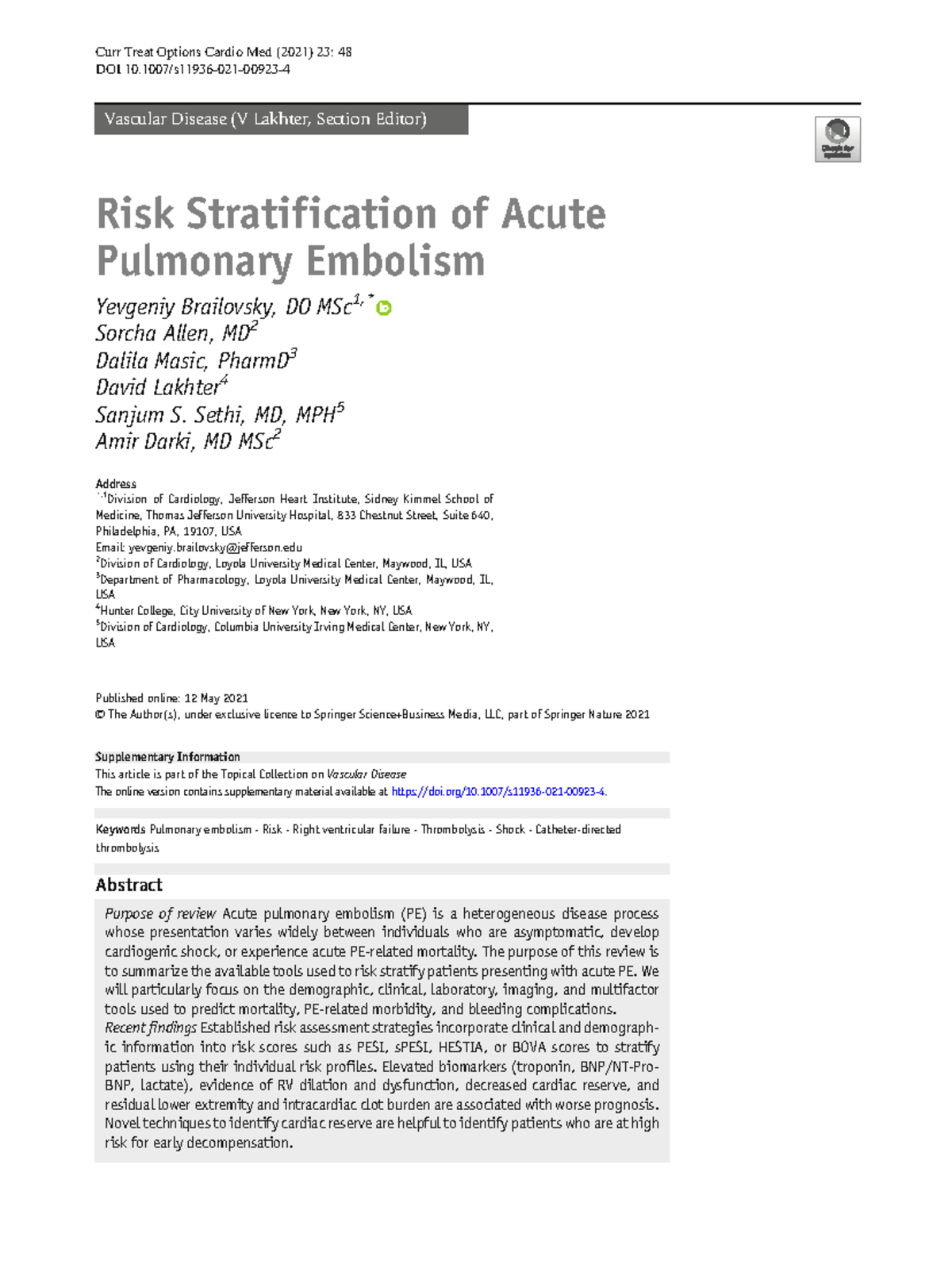 3 - Tvp - Curr Treat Options Cardio Med (2021) 23: 48 DOI 10/s11936-021 ...