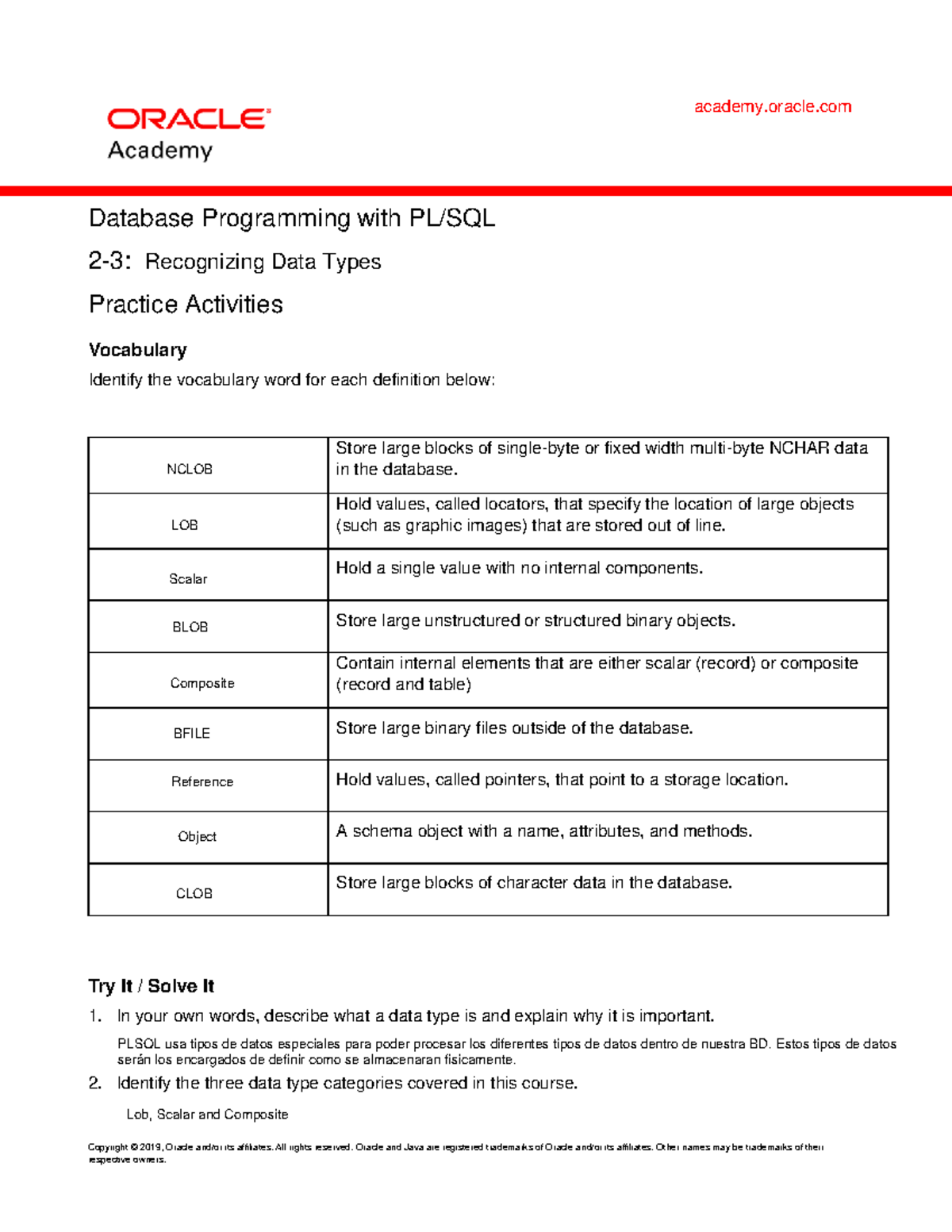 Plsql 2 3 Practice Copyright © 2019 Oracle And Or Its Affiliates All Rights Reserved