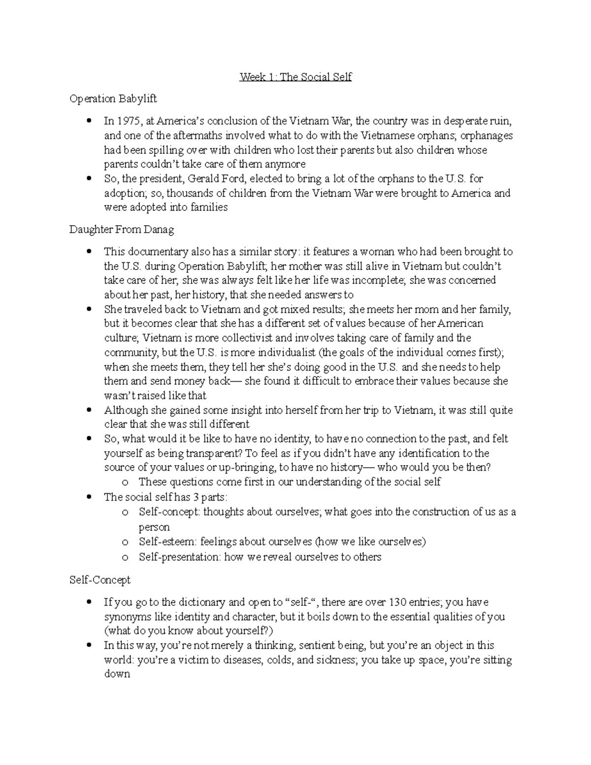 Week 1- The Social Self - Week 1: The Social Self Operation Babylift In ...