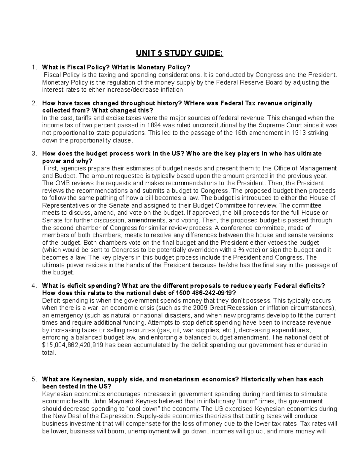 Unit 5 Study Guide - UNIT 5 STUDY GUIDE: What is Fiscal Policy? WHat is ...