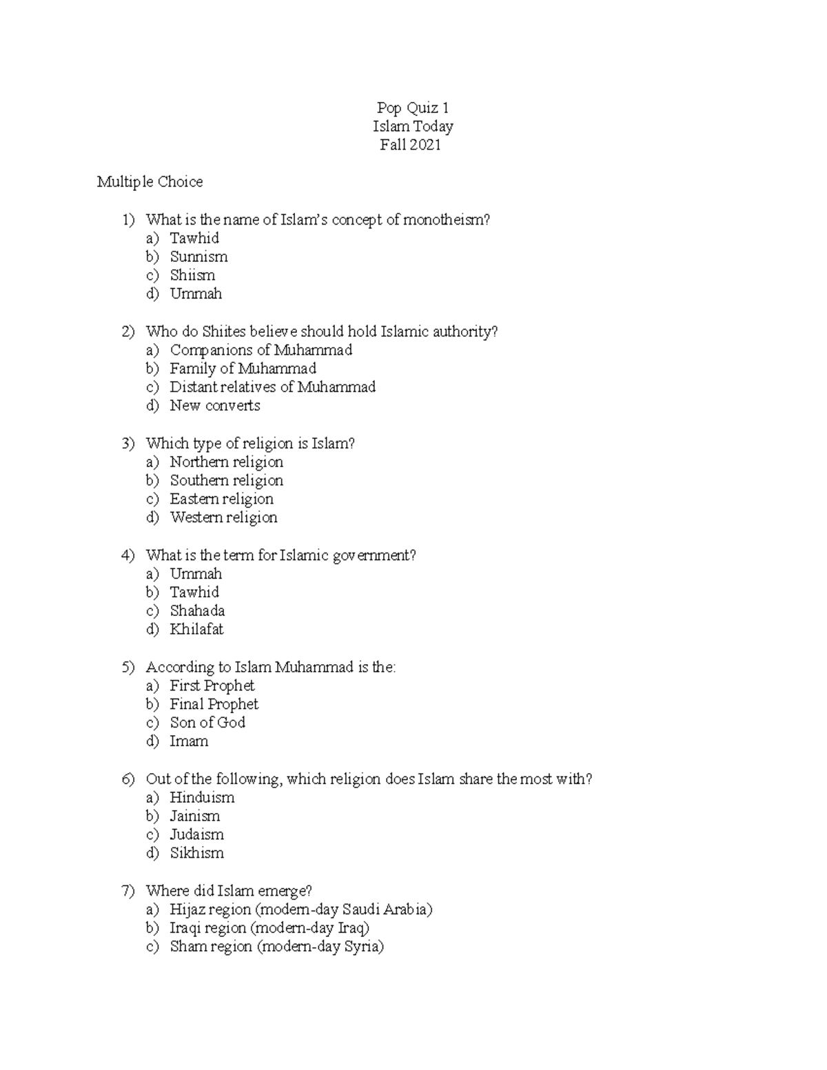 Islam Today Practice Quiz 1 - Pop Quiz 1 Islam Today Fall 2021 Multiple ...