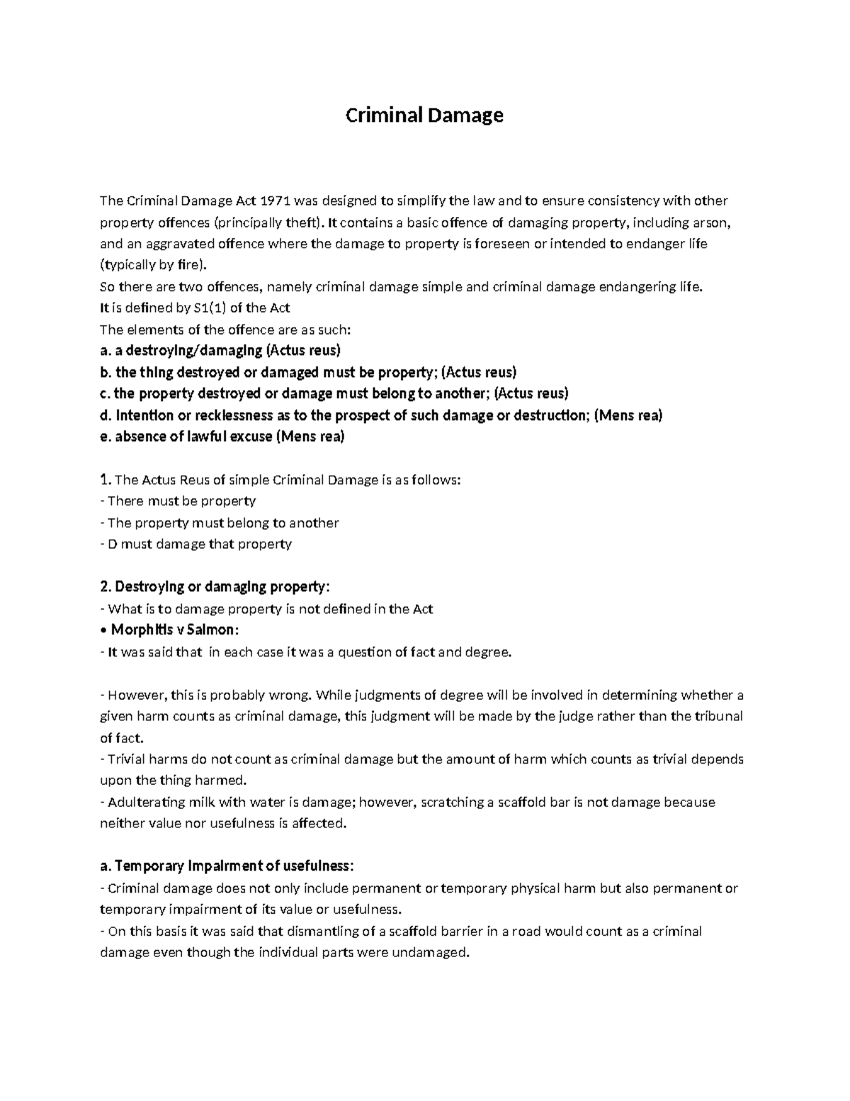 Criminal Damage - notes - Criminal Damage The Criminal Damage Act 1971 ...